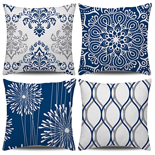 Coliuso Decorative Throw Pillow Covers 18x18 Set of 4, Blue Modern Simple Square Pillow Case Cushion Cover for Sofa Couch Farmhouse Outdoor Living Room (Blue, 18"x18")