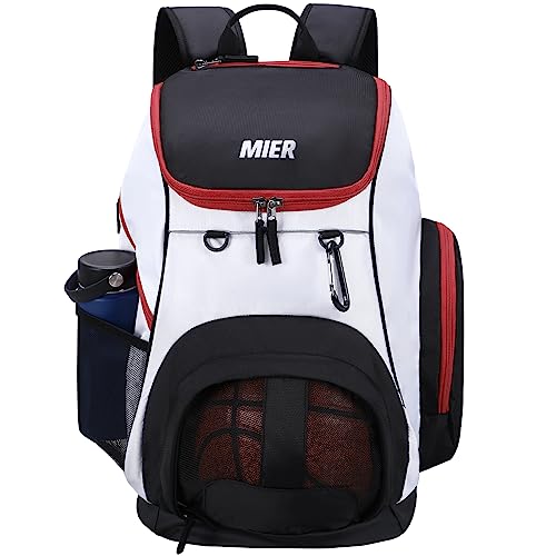 MIER Basketball Backpack Large Sports Bag with Ball Holder & Laptop Compartment for Men Women Soccer Volleyball Gym Travel Training, 40L, White/Black