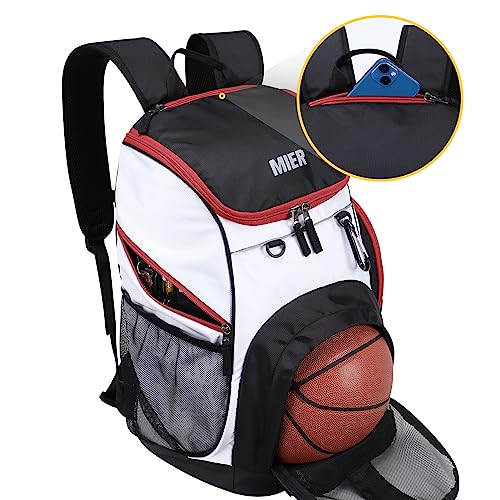 MIER Basketball Backpack Large Sports Bag with Ball Holder & Laptop Compartment for Men Women Soccer Volleyball Gym Travel Training, 40L, White/Black