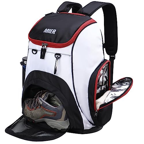 MIER Basketball Backpack Large Sports Bag with Ball Holder & Laptop Compartment for Men Women Soccer Volleyball Gym Travel Training, 40L, White/Black