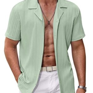 COOFANDY Men's Linen Shirts Short Sleeve Button Down Shirt for Men Fashion Summer Beach Shirt, Light Green, L