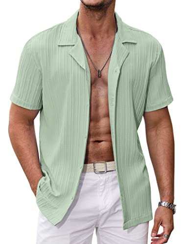 COOFANDY Men's Linen Shirts Short Sleeve Button Down Shirt for Men Fashion Summer Beach Shirt, Light Green, L