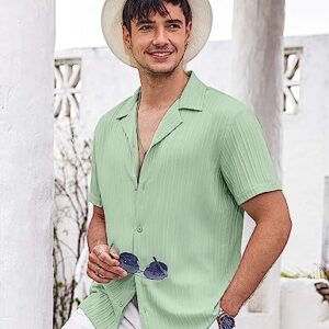 COOFANDY Men's Linen Shirts Short Sleeve Button Down Shirt for Men Fashion Summer Beach Shirt, Light Green, L