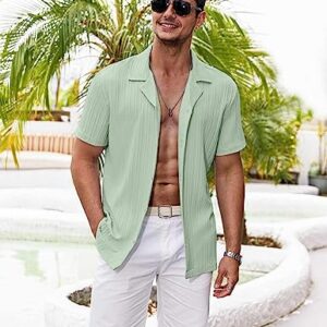 COOFANDY Men's Linen Shirts Short Sleeve Button Down Shirt for Men Fashion Summer Beach Shirt, Light Green, L