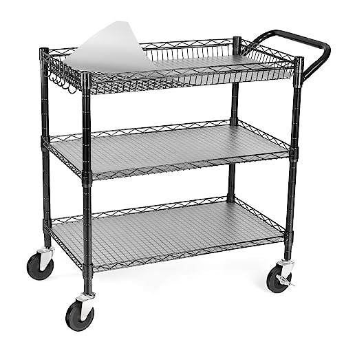 WDT 990Lbs Capacity Heavy Duty Rolling Utility Cart, NSF Rolling Carts with Wheels,Commercial Grade Metal Cart with Handle Bar & Shelf Liner,Trolley Serving Cart for Restaurant,Kitchen,Black