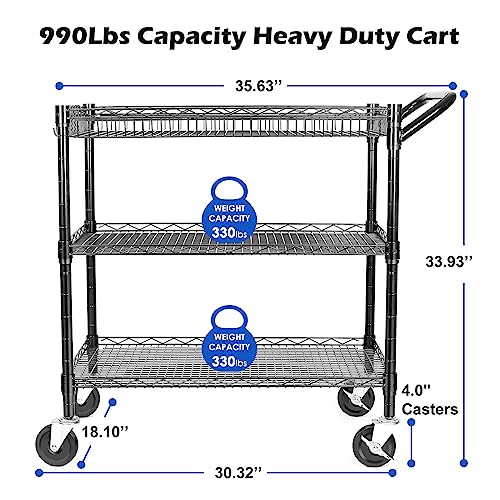 WDT 990Lbs Capacity Heavy Duty Rolling Utility Cart, NSF Rolling Carts with Wheels,Commercial Grade Metal Cart with Handle Bar & Shelf Liner,Trolley Serving Cart for Restaurant,Kitchen,Black