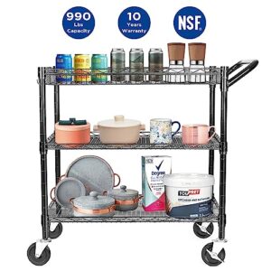 WDT 990Lbs Capacity Heavy Duty Rolling Utility Cart, NSF Rolling Carts with Wheels,Commercial Grade Metal Cart with Handle Bar & Shelf Liner,Trolley Serving Cart for Restaurant,Kitchen,Black