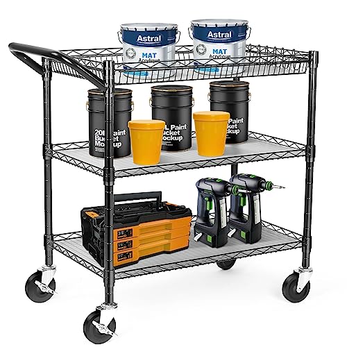 WDT 990Lbs Capacity Heavy Duty Rolling Utility Cart, NSF Rolling Carts with Wheels,Commercial Grade Metal Cart with Handle Bar & Shelf Liner,Trolley Serving Cart for Restaurant,Kitchen,Black