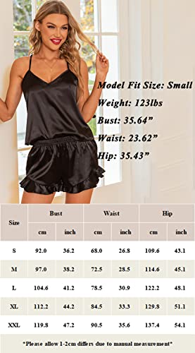 FERDAT Women's Silk Pajamas Set Satin Ruffle Lingerie 2 Piece Pjs Cami Top and Shorts Sleepwear White