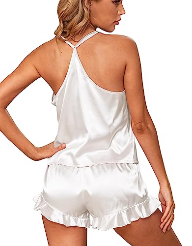 FERDAT Women's Silk Pajamas Set Satin Ruffle Lingerie 2 Piece Pjs Cami Top and Shorts Sleepwear White