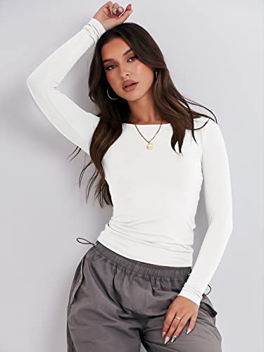 ANRABESS Women Long Sleeve Crop Top Basic Tees Tight Fitting T-Shirt Trendy 2023 Fall Shirts Undershirts Sexy Casual Going Out Cropped Tops 1029dabai-S White