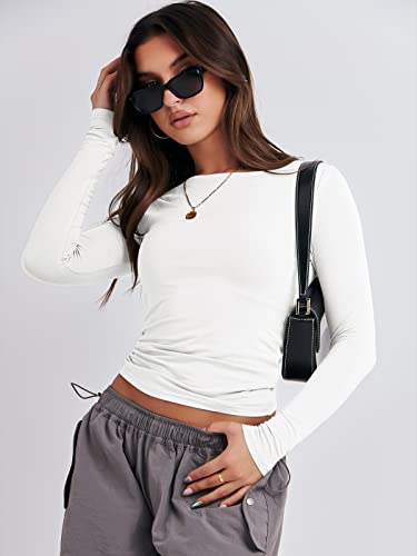 ANRABESS Women Long Sleeve Crop Top Basic Tees Tight Fitting T-Shirt Trendy 2023 Fall Shirts Undershirts Sexy Casual Going Out Cropped Tops 1029dabai-S White