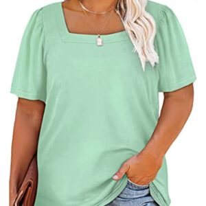 Eytino Womens Plus Size Shirts Square Neck Puff Sleeve Loose Fit Blouse Tops,4X Light Green