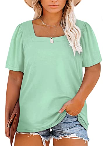 Eytino Womens Plus Size Shirts Square Neck Puff Sleeve Loose Fit Blouse Tops,4X Light Green