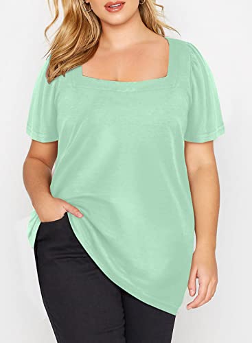 Eytino Womens Plus Size Shirts Square Neck Puff Sleeve Loose Fit Blouse Tops,4X Light Green