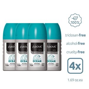 ABOVE Ocean - 72 Hour Elements Antiperspirant Roll-On Deodorant for Men - Notes of Lemon, Bergamot, and Lavender - Protects Against Sweat and Body Odor - Stain, Cruelty, and Alcohol Free - 4 Pc Set