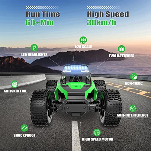 RC Cars,1:20 Scale Remote Control Toy Car,2WD High Speed 30 Km/h All Terrains Electric Toy Off Road RC Car,with LED Headlight and Rechargeable Battery,RC Cars for Boys Kids and Adults Gift