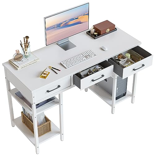 CubiCubi 47 Inch Computer Desk with Fabric Drawers and Storage Shelfs, Small Office Home Desk, Study Writing Table, Modern Simple Desk, White