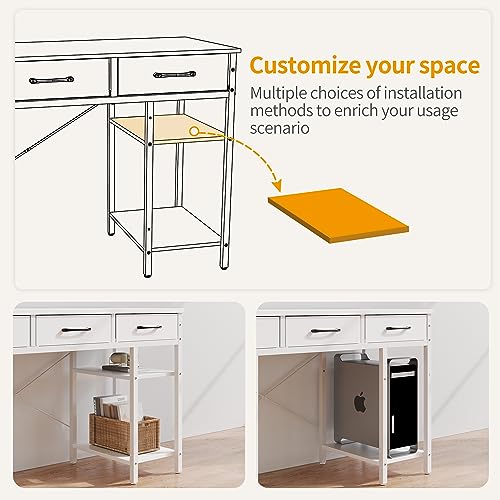 CubiCubi 47 Inch Computer Desk with Fabric Drawers and Storage Shelfs, Small Office Home Desk, Study Writing Table, Modern Simple Desk, White