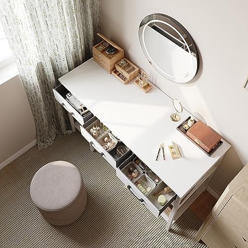 CubiCubi 47 Inch Computer Desk with Fabric Drawers and Storage Shelfs, Small Office Home Desk, Study Writing Table, Modern Simple Desk, White