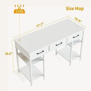 CubiCubi 47 Inch Computer Desk with Fabric Drawers and Storage Shelfs, Small Office Home Desk, Study Writing Table, Modern Simple Desk, White