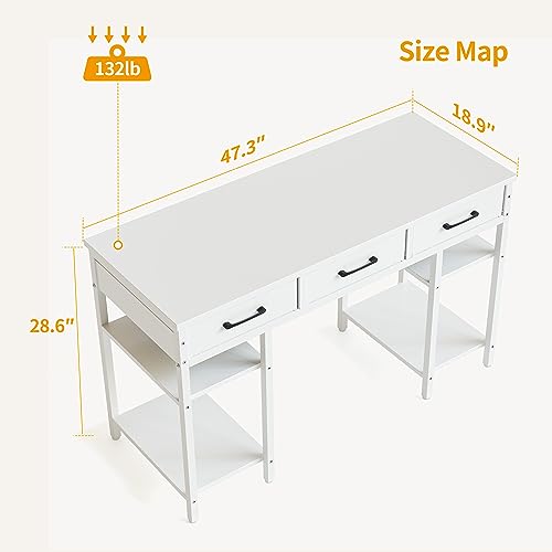 CubiCubi 47 Inch Computer Desk with Fabric Drawers and Storage Shelfs, Small Office Home Desk, Study Writing Table, Modern Simple Desk, White