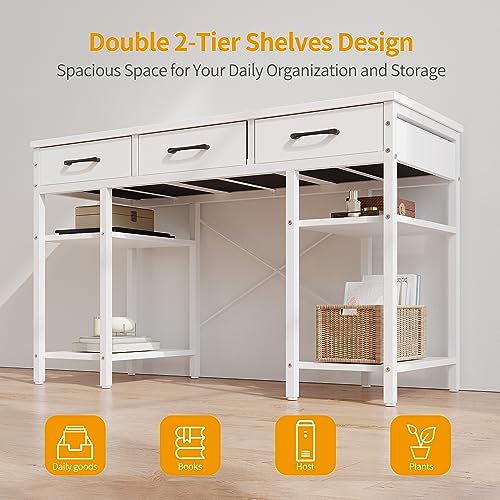 CubiCubi 47 Inch Computer Desk with Fabric Drawers and Storage Shelfs, Small Office Home Desk, Study Writing Table, Modern Simple Desk, White