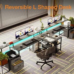 ODK L Shaped Desk with File Drawer, 75" Reversible L Shaped Computer Desk with Power Outlet & LED Strip, Home Office Desk with Storage Shelves, Gaming Desk with Monitor Shelf, Corner Desk, Grey Oak