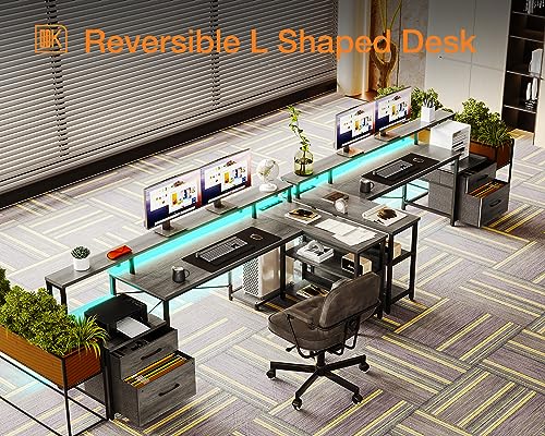 ODK L Shaped Desk with File Drawer, 75" Reversible L Shaped Computer Desk with Power Outlet & LED Strip, Home Office Desk with Storage Shelves, Gaming Desk with Monitor Shelf, Corner Desk, Grey Oak