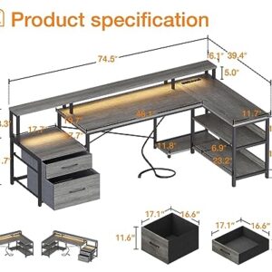 ODK L Shaped Desk with File Drawer, 75" Reversible L Shaped Computer Desk with Power Outlet & LED Strip, Home Office Desk with Storage Shelves, Gaming Desk with Monitor Shelf, Corner Desk, Grey Oak