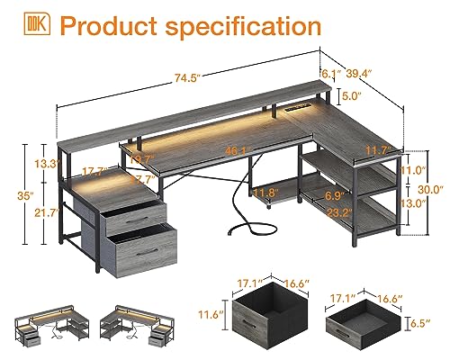 ODK L Shaped Desk with File Drawer, 75" Reversible L Shaped Computer Desk with Power Outlet & LED Strip, Home Office Desk with Storage Shelves, Gaming Desk with Monitor Shelf, Corner Desk, Grey Oak