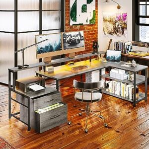 ODK L Shaped Desk with File Drawer, 75" Reversible L Shaped Computer Desk with Power Outlet & LED Strip, Home Office Desk with Storage Shelves, Gaming Desk with Monitor Shelf, Corner Desk, Grey Oak