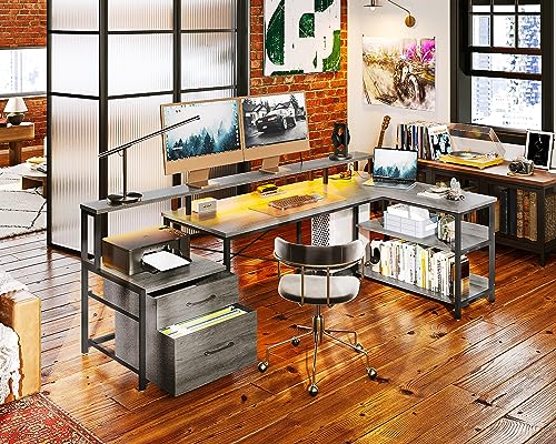 ODK L Shaped Desk with File Drawer, 75" Reversible L Shaped Computer Desk with Power Outlet & LED Strip, Home Office Desk with Storage Shelves, Gaming Desk with Monitor Shelf, Corner Desk, Grey Oak