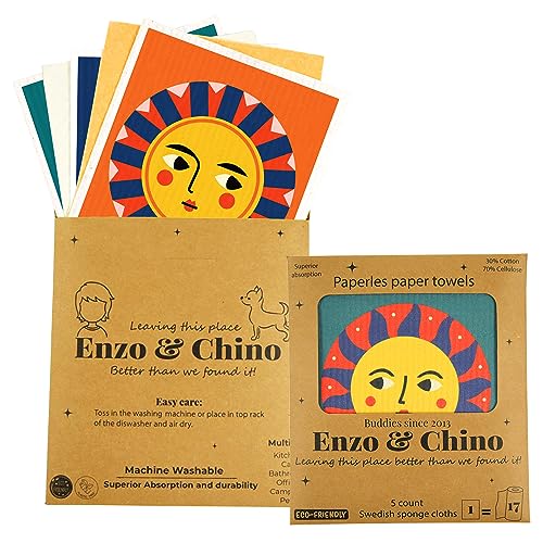 Enzo & Chino Swedish Dishcloths for Kitchen | Reusable Paper Towels Washable | 5 Pack Sun Print Swedish Dish Towels | Non-Scratch Cellulose Sponge Cloths | Biodegradable, No Odor