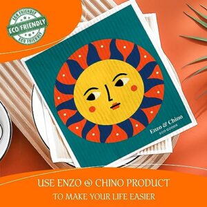 Enzo & Chino Swedish Dishcloths for Kitchen | Reusable Paper Towels Washable | 5 Pack Sun Print Swedish Dish Towels | Non-Scratch Cellulose Sponge Cloths | Biodegradable, No Odor