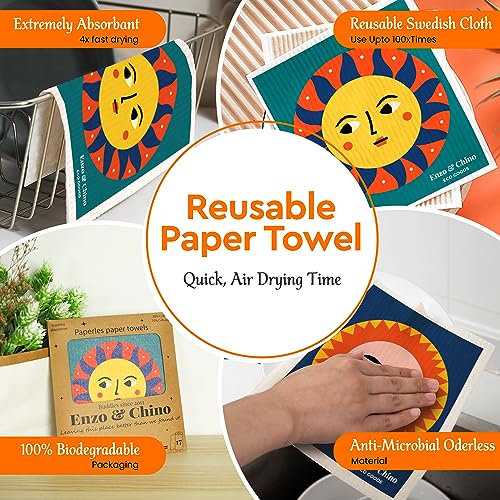 Enzo & Chino Swedish Dishcloths for Kitchen | Reusable Paper Towels Washable | 5 Pack Sun Print Swedish Dish Towels | Non-Scratch Cellulose Sponge Cloths | Biodegradable, No Odor