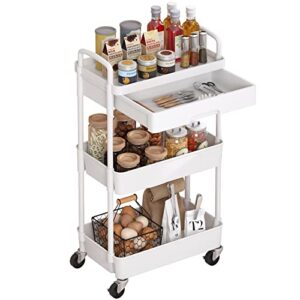 dttwacoyh 3-tier rolling cart，trolley with drawer, multifunctional storage organizer with plastic shelf & metal wheels, kitchen storage cart for living room, kitchen, office, bathroom, white