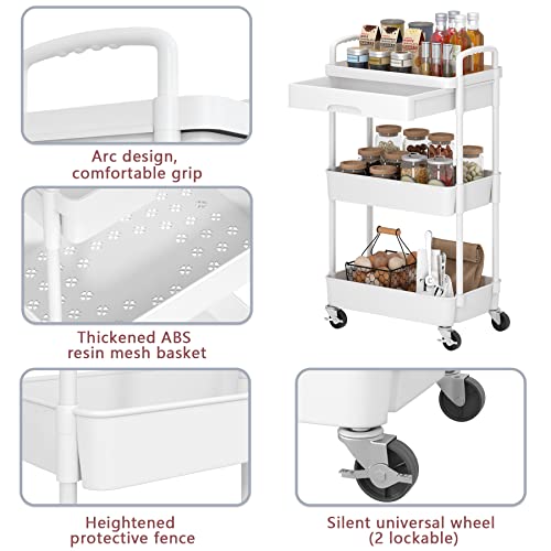 Dttwacoyh 3-Tier Rolling Cart，Trolley with Drawer, Multifunctional Storage Organizer with Plastic Shelf & Metal Wheels, Kitchen Storage Cart for Living Room, Kitchen, Office, Bathroom, White