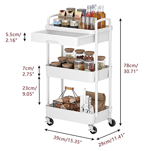 Dttwacoyh 3-Tier Rolling Cart，Trolley with Drawer, Multifunctional Storage Organizer with Plastic Shelf & Metal Wheels, Kitchen Storage Cart for Living Room, Kitchen, Office, Bathroom, White