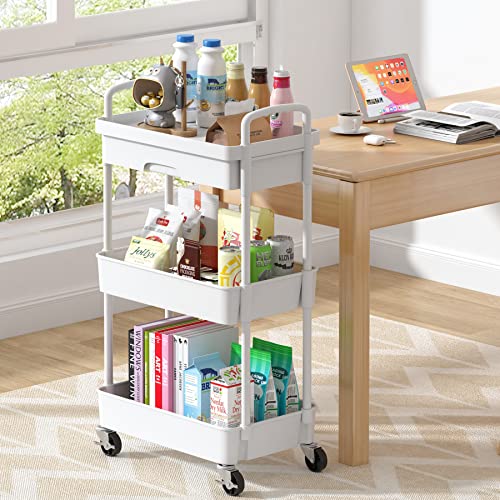 Dttwacoyh 3-Tier Rolling Cart，Trolley with Drawer, Multifunctional Storage Organizer with Plastic Shelf & Metal Wheels, Kitchen Storage Cart for Living Room, Kitchen, Office, Bathroom, White