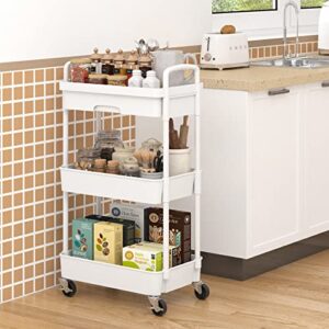 Dttwacoyh 3-Tier Rolling Cart，Trolley with Drawer, Multifunctional Storage Organizer with Plastic Shelf & Metal Wheels, Kitchen Storage Cart for Living Room, Kitchen, Office, Bathroom, White