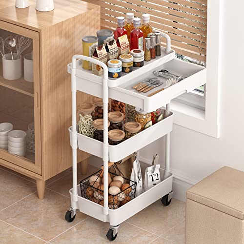 Dttwacoyh 3-Tier Rolling Cart，Trolley with Drawer, Multifunctional Storage Organizer with Plastic Shelf & Metal Wheels, Kitchen Storage Cart for Living Room, Kitchen, Office, Bathroom, White