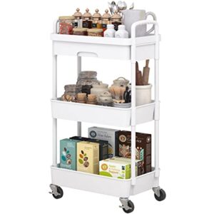 Dttwacoyh 3-Tier Rolling Cart，Trolley with Drawer, Multifunctional Storage Organizer with Plastic Shelf & Metal Wheels, Kitchen Storage Cart for Living Room, Kitchen, Office, Bathroom, White