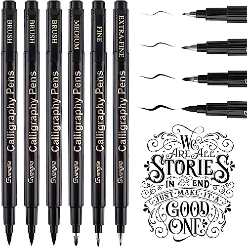 SAYEEC Calligraphy Brush Pens, Refillable Hand Lettering Pen, Black Ink Calligraphy Brush Markers Set for Beginners Writing Journaling Sketching Art Drawing Illustration Scrapbooking (4 Size, 6 Pack)