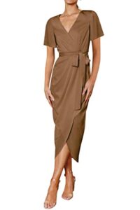 prettygarden women's summer formal midi satin dress short sleeve v neck belted cocktail party ruched dresses (brown,large)