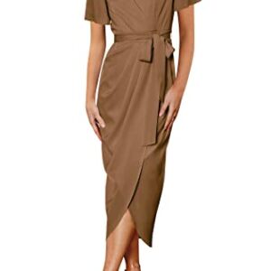 PRETTYGARDEN Women's Summer Formal Midi Satin Dress Short Sleeve V Neck Belted Cocktail Party Ruched Dresses (Brown,Large)