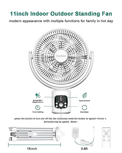 Coohea Oscillating Fan 11" Standing Fan with Detachable Tripod 12000mAh Rechargeable Battery Floor Fan Quiet White Pedestal Fan with Remote for Indoor Outdoor Home Bedroom, Adjustable Height & 6-Speed