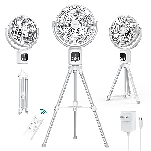 Coohea Oscillating Fan 11" Standing Fan with Detachable Tripod 12000mAh Rechargeable Battery Floor Fan Quiet White Pedestal Fan with Remote for Indoor Outdoor Home Bedroom, Adjustable Height & 6-Speed