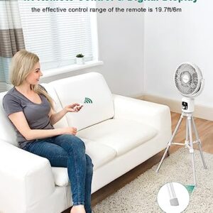 Coohea Oscillating Fan 11" Standing Fan with Detachable Tripod 12000mAh Rechargeable Battery Floor Fan Quiet White Pedestal Fan with Remote for Indoor Outdoor Home Bedroom, Adjustable Height & 6-Speed