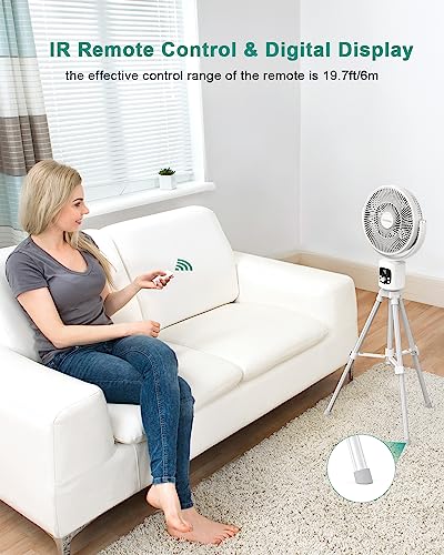 Coohea Oscillating Fan 11" Standing Fan with Detachable Tripod 12000mAh Rechargeable Battery Floor Fan Quiet White Pedestal Fan with Remote for Indoor Outdoor Home Bedroom, Adjustable Height & 6-Speed